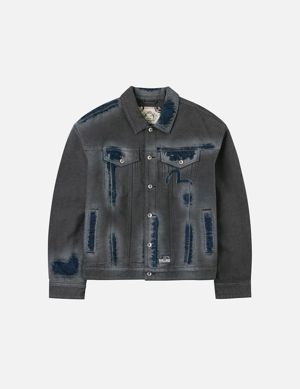 Distressed Seagull and Logo Print Relax Fit Washed Denim Jacket – EVISU